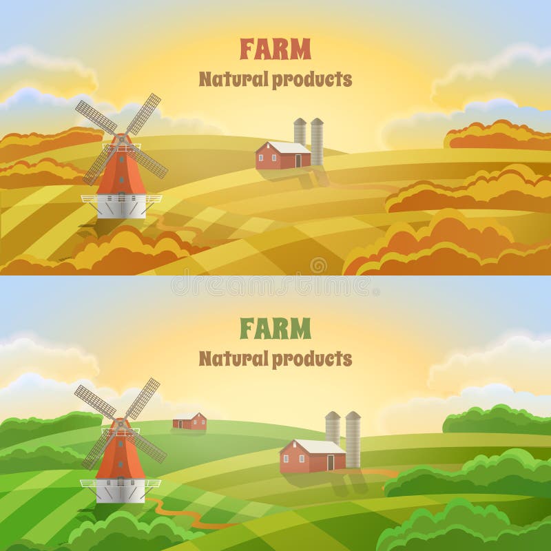 Farm Green Fields. Rural Landscape with a Mill. Stock Vector ...