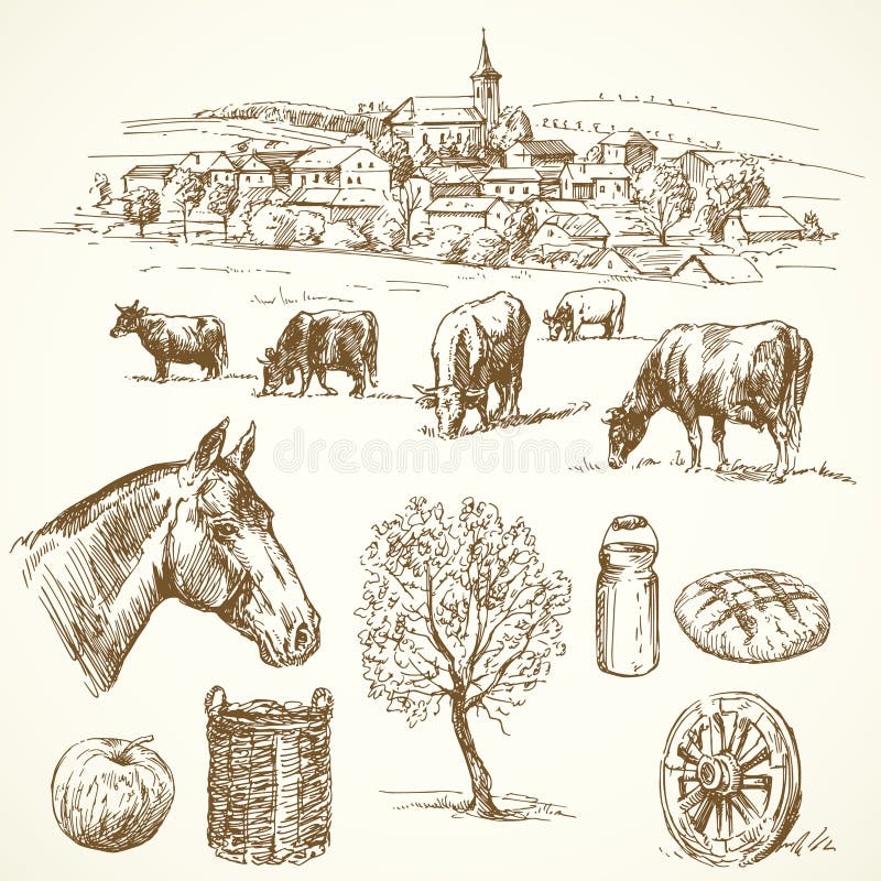 Farm - Hand Drawn Collection Stock Vector - Illustration of isolated ...
