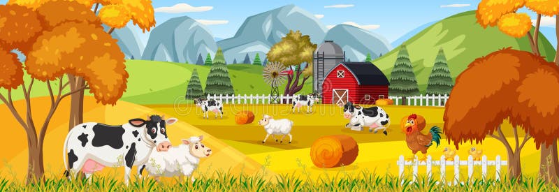 Farm Horizontal Landscape Scene with Farm Animals Stock Vector ...