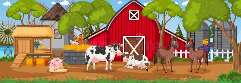 Farm Horizontal Landscape Scene with Farm Animals Stock Vector ...