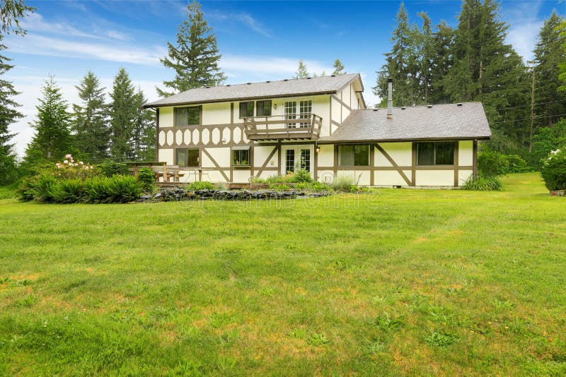 Backyard Farm Deck with Attached Open Pergola Stock Photo - Image of ...