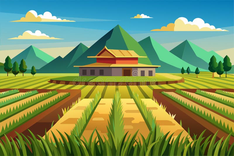 A Farm with a House Situated in the Middle of Rice Fields, Rice Field ...