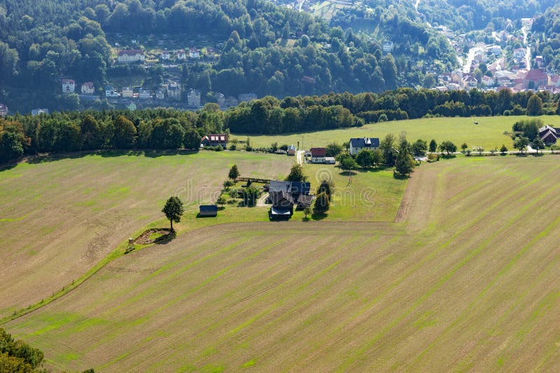 Farm Houses and Agricultural Fields from Above Stock Photo - Image of ...