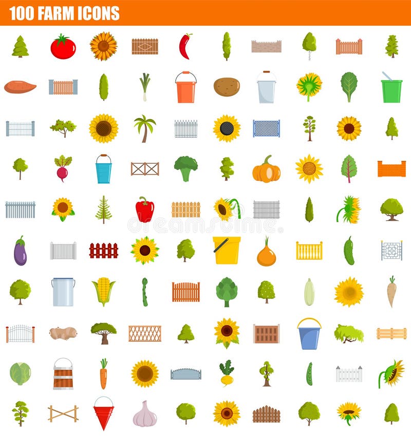 100 Farm Icon Set, Flat Style Stock Illustration - Illustration of ...