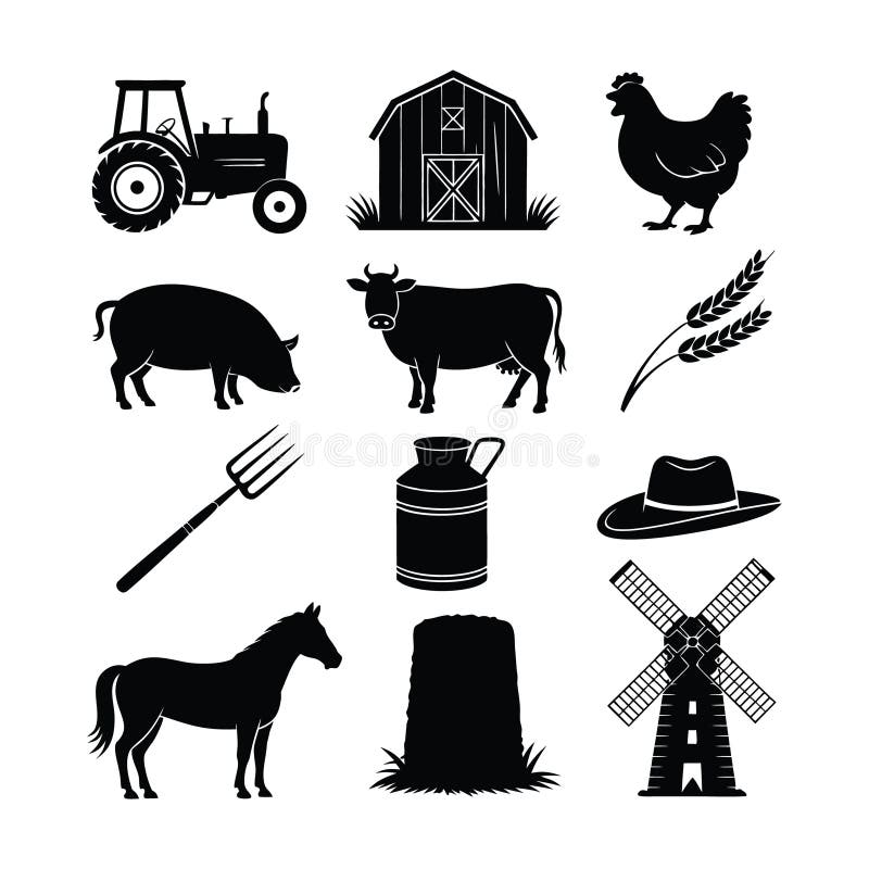 Farm Icons Set Black and White Silhouette Illustrations Stock ...