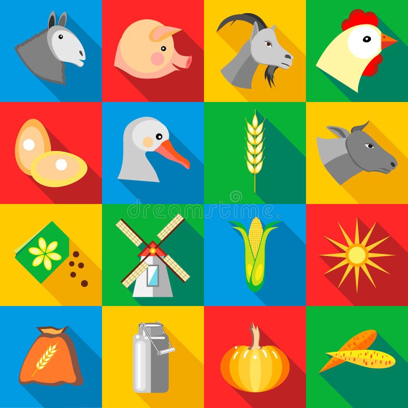 Farm icons set, flat style stock vector. Illustration of harvesting ...