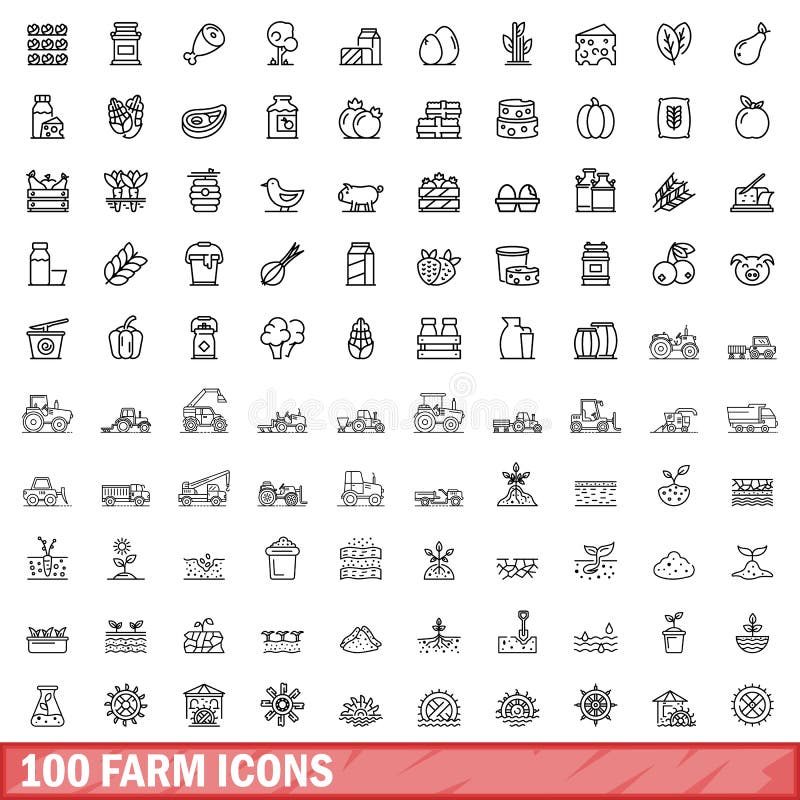 100 Farm Icons Set, Outline Style Stock Vector - Illustration of ...