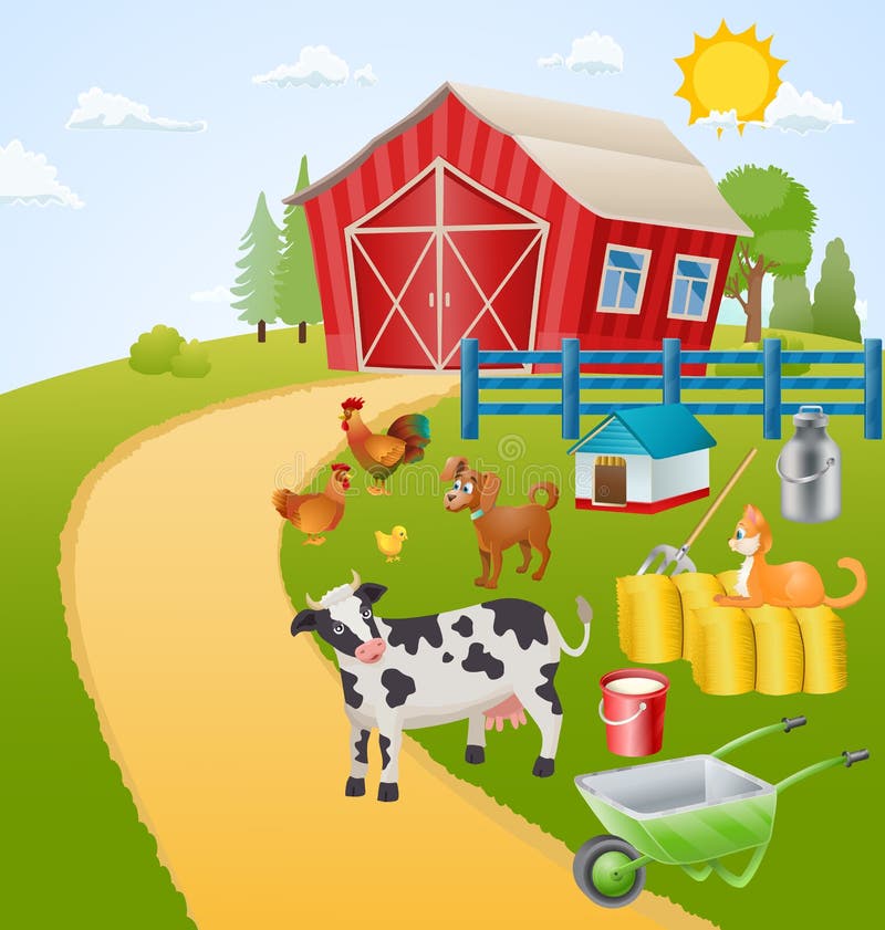 Farm Illustration with Animals, Birds and Items Stock Vector ...