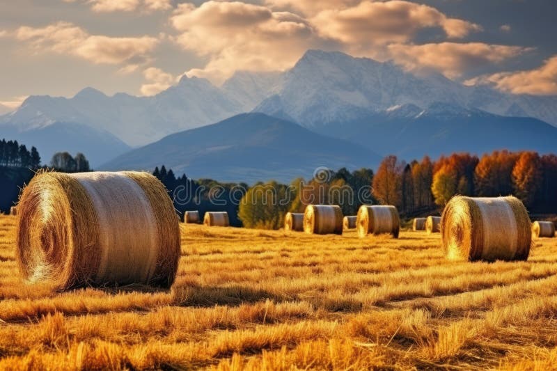 Farm Land Viewed in Autumn with Hey Stack. Stock Illustration ...