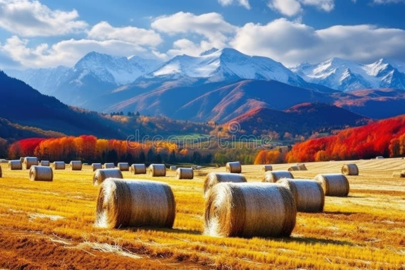 Farm Land Viewed in Autumn with Hey Stack. Stock Illustration ...