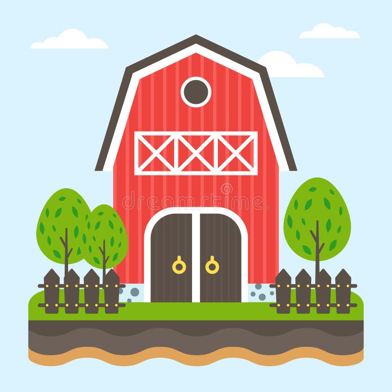 Farm Landscape. the Barn in Front View Surrounded by Trees. Ground Cut ...