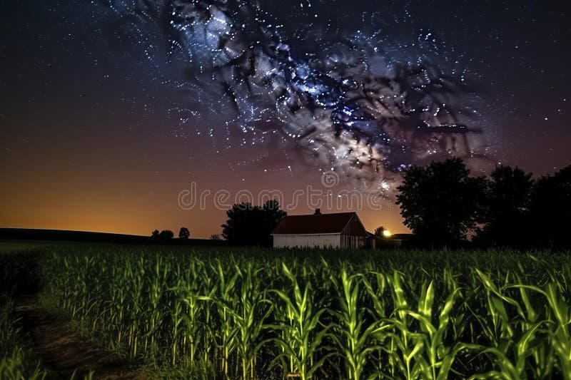 Farm Landscape with Corn Field and Night Sky with Stars Stock ...