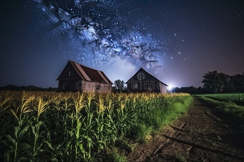 Farm Landscape with Corn Field and Night Sky with Stars Stock ...