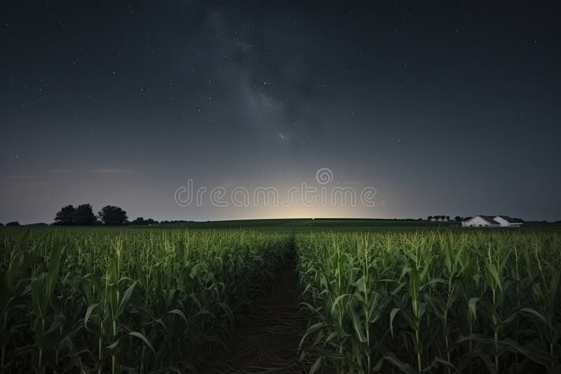 Farm Landscape with Corn Field and Night Sky with Stars Stock ...