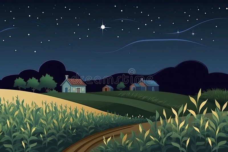 Farm Landscape with Corn Field and Night Sky with Stars Stock ...