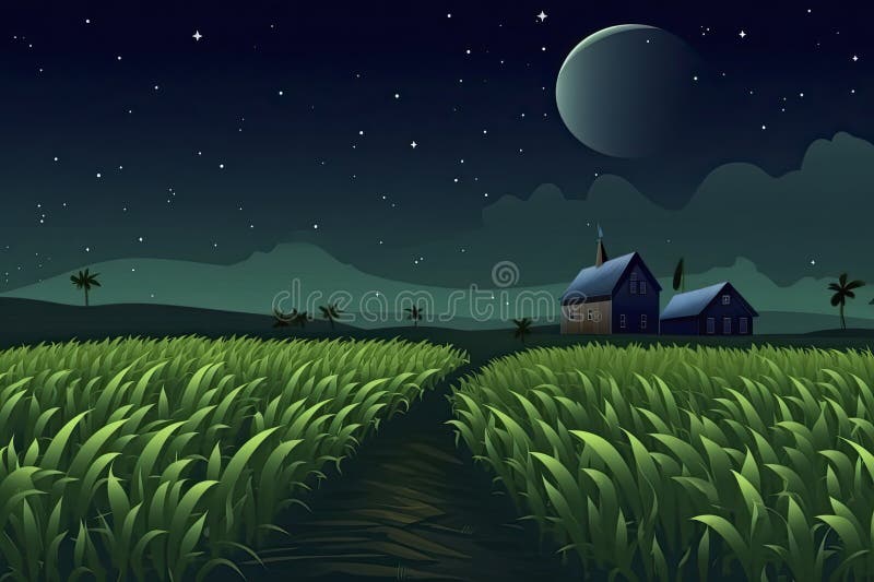 Farm Landscape with Corn Field and Night Sky with Stars Stock ...