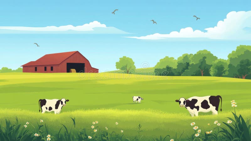 Cartoon Farm Scene with Red Barn, Sheep and Haystacks, a Cute Farm ...
