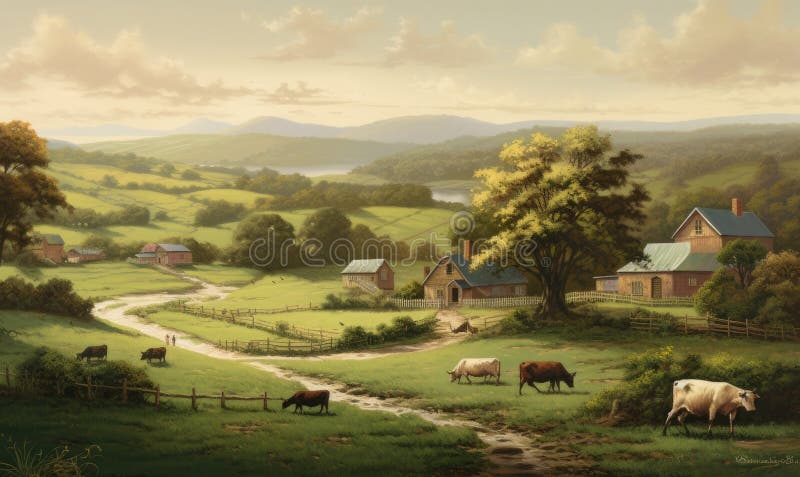 Farm landscape painting stock illustration. Illustration of gate ...