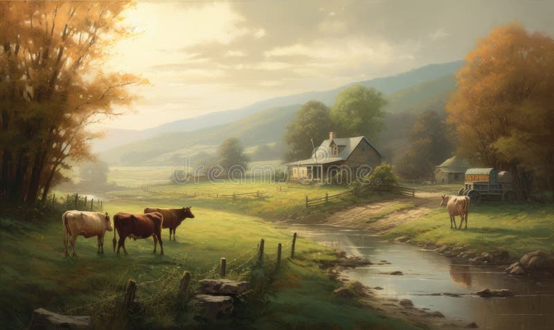 Farm landscape painting stock illustration. Illustration of countryside ...