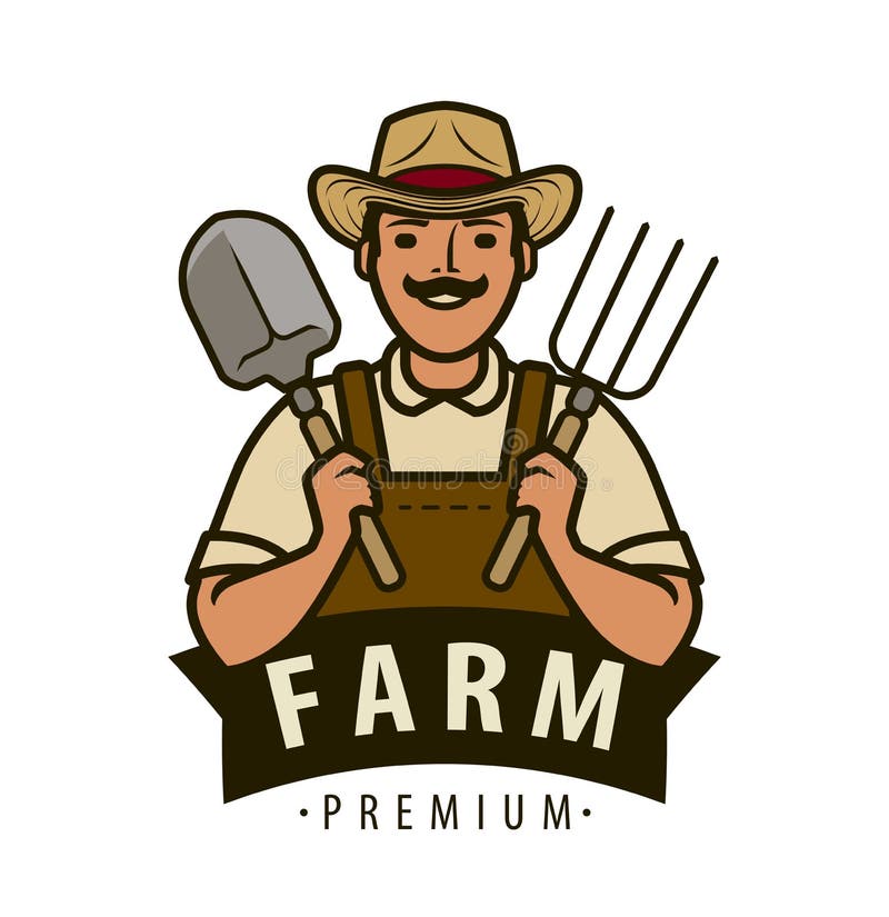 Farm Logo or Label. Happy Farmer with Garden Tools Vector Illustration ...