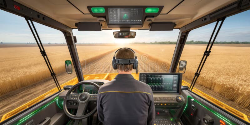 Farm Machinery Operator Drives a High-tech Tractor through Golden Wheat ...