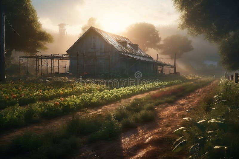 Farm in the Morning. Generative AI. Stock Illustration - Illustration ...