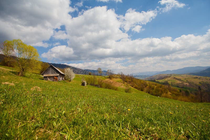 Farm and Mountain Panorama in Early Spring Stock Photo - Image of ...