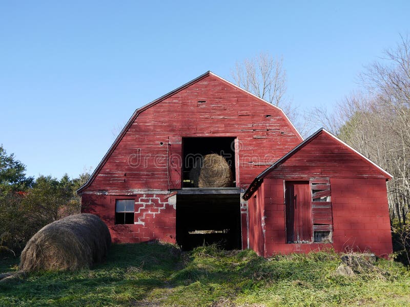 Farm: Old Red Barn with Hay Bales Stock Photo - Image of fall, bale ...