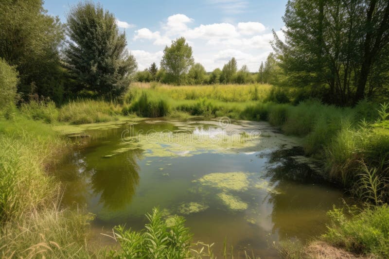 Farm Pond Surrounded by Lush Greenery, with Runoff Visible in the Water ...