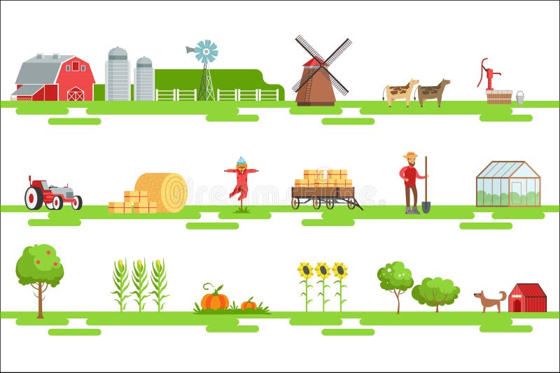 Farm Related Elements in Geometric Style Set of Illustrations Stock ...