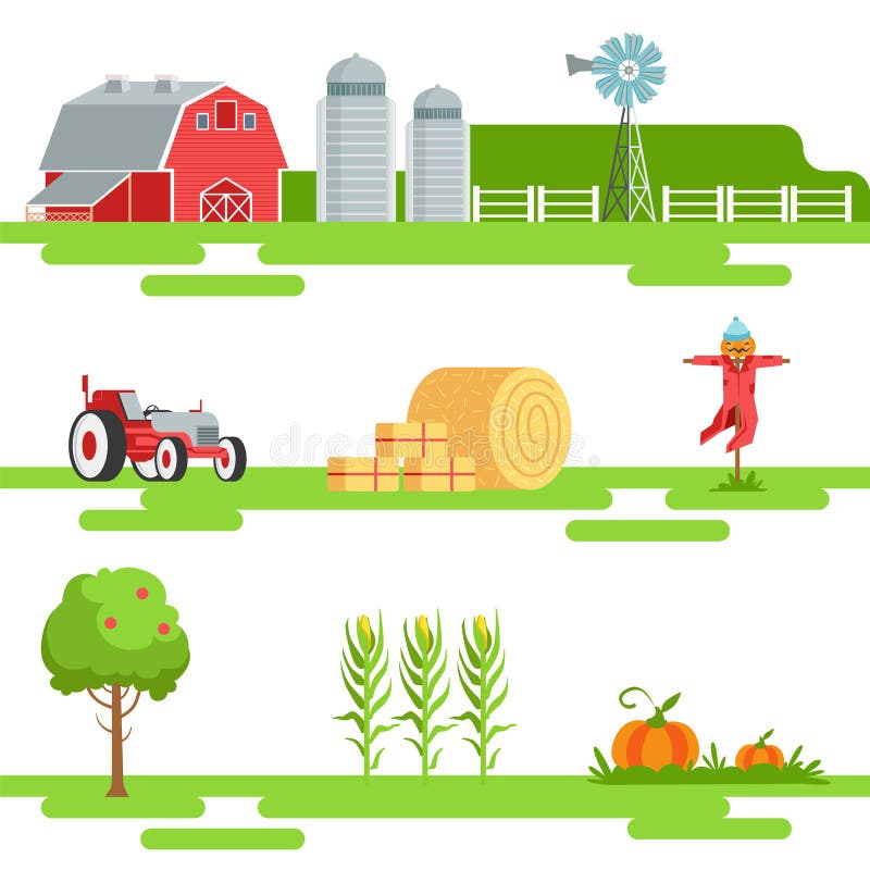 Farm Related Elements in Geometric Style Set of Illustrations Stock ...
