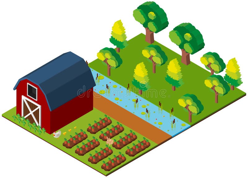 Farm Scene with Barn and Crops in 3D Design Stock Illustration ...