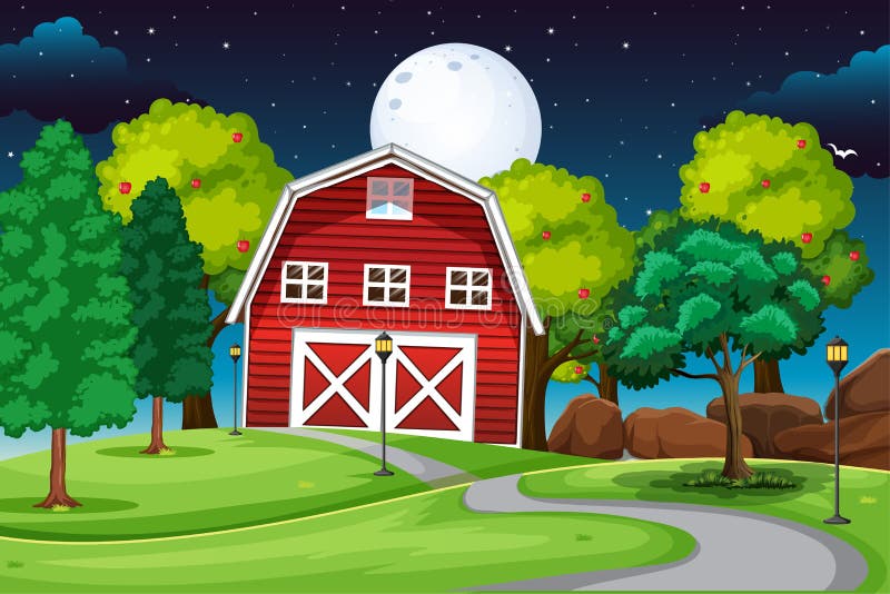 Farm Scene with Barn and Long Road at Night Stock Vector - Illustration ...