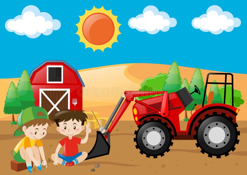 Farm Scene with Boys and Tractor in the Field Stock Vector ...