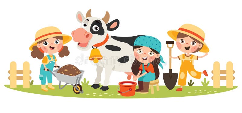 Farm Scene with Cartoon Kids Stock Illustration - Illustration of ...