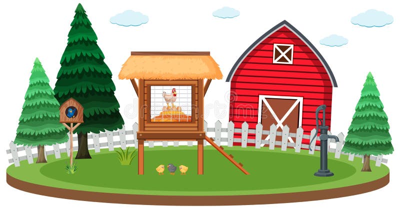 Farm Scene with Chicken Coop and Barn Stock Vector - Illustration of ...