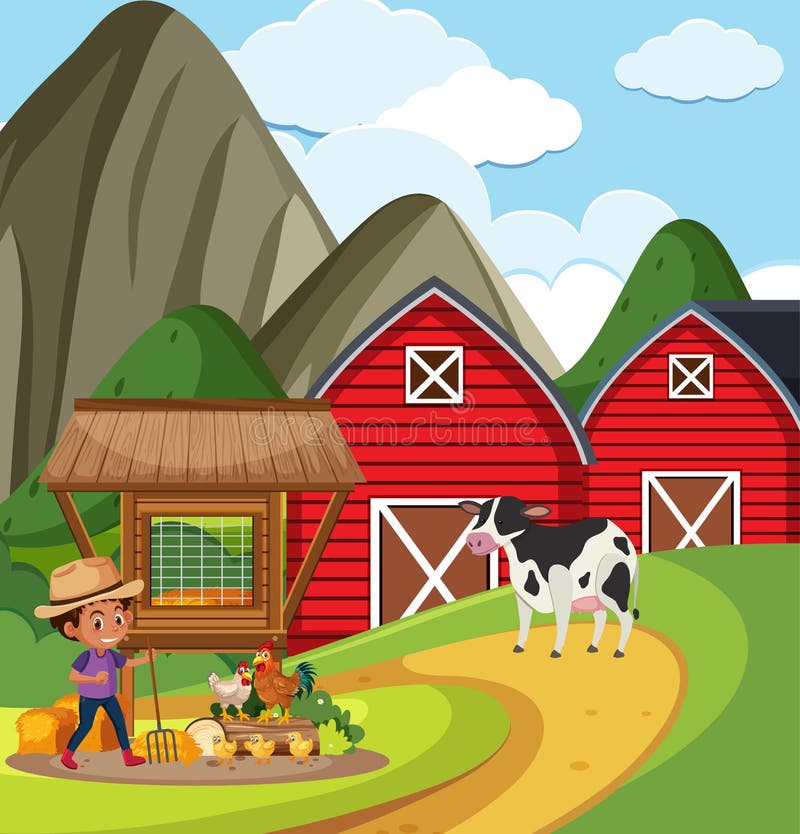 Farm Scene with Farmboy Working on the Farm Stock Vector - Illustration ...