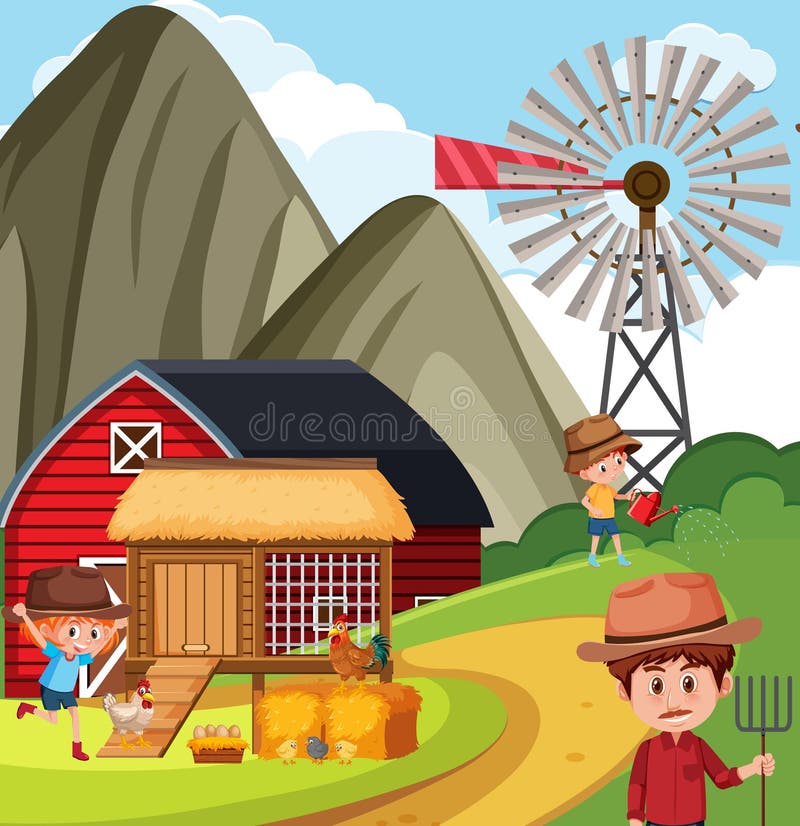 Farm Scene with Farmer and Children Working on the Farm Stock Vector ...