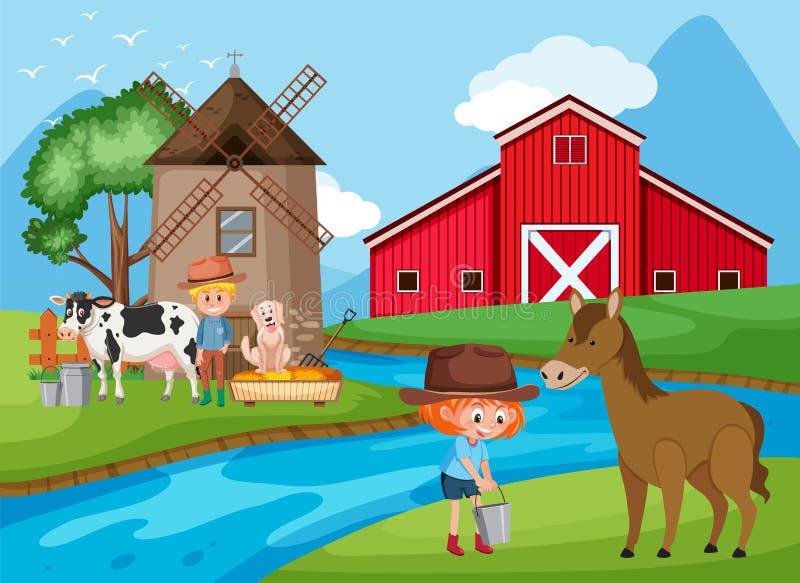 Farm Scene with Farmers and Animals by the River Stock Vector ...