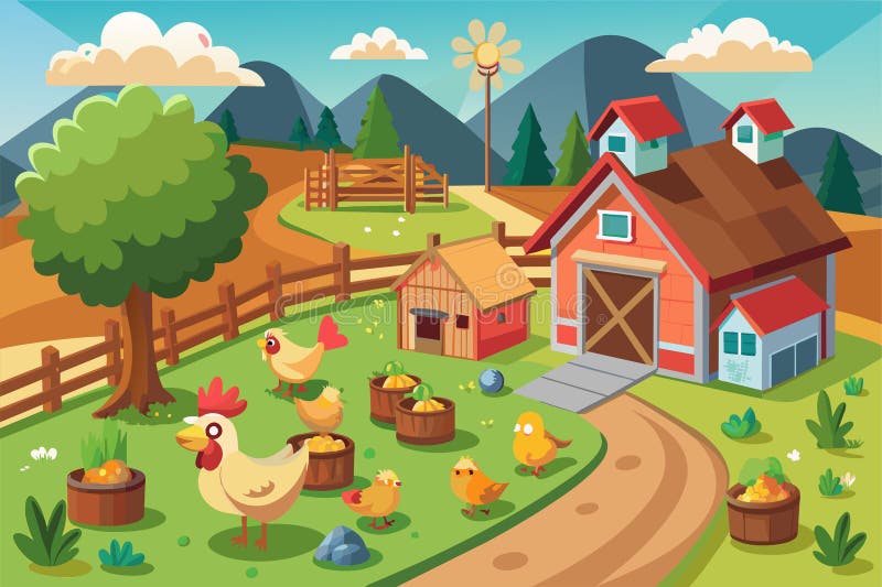 A Farm Scene Featuring Chickens Pecking the Ground in Front of a Barn ...