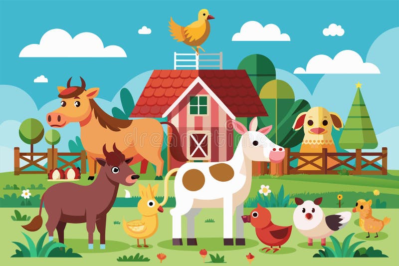 A Farm Scene Featuring Various Farm Animals and Chickens in a Rural ...