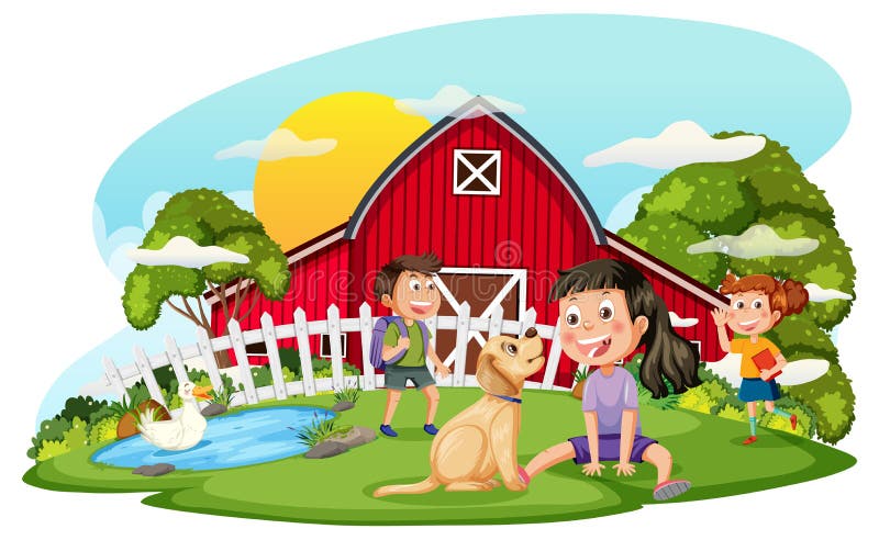 Farm Scene with Kids Cartoon Character Stock Vector - Illustration of ...
