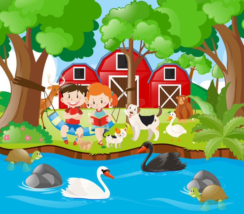 Farm Scene with Kids Reading by the River Stock Vector - Illustration ...