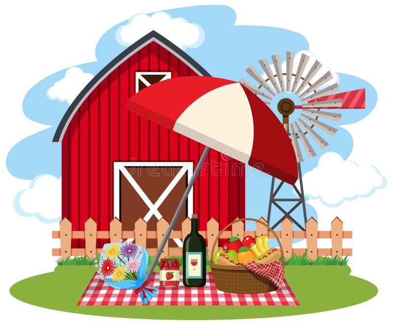 Farm Scene with Picnic Lunch on the Lawn Stock Vector - Illustration of ...