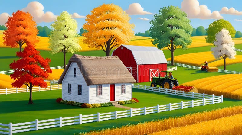 Farm Scene with a Red Barn, Tractor, and Haystacks, Illustration. Stock ...