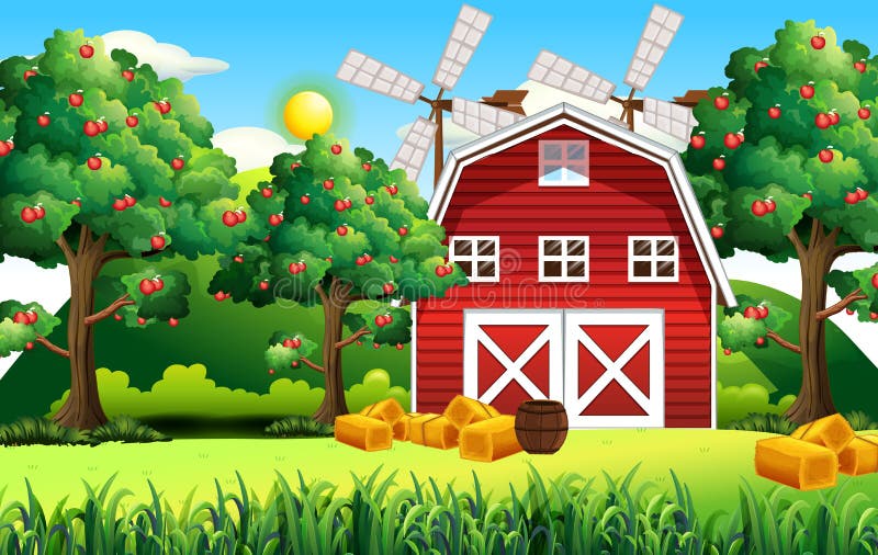Farm Scene with Red Barn and Windmill Stock Vector - Illustration of ...