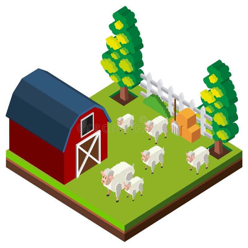 Farm Scene with Sheeps in 3D Design Stock Vector - Illustration of ...
