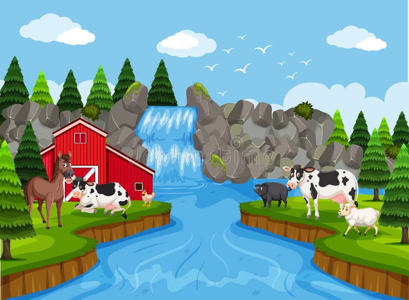 Farm scene with waterfall stock vector. Illustration of countryside ...