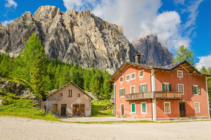 Farm with Sheep, Dolomites Mountains, Italy Stock Photo - Image of ...