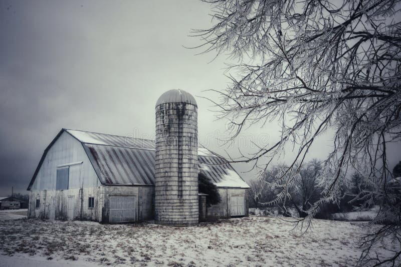 Farm in the snow stock photo. Image of winter, silo - 240739520